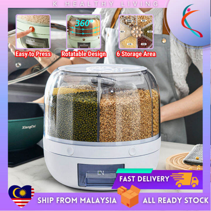 【READY STOCK】6 Grid Rotating Rice Dispenser Rice Storage Bucket Rice ...