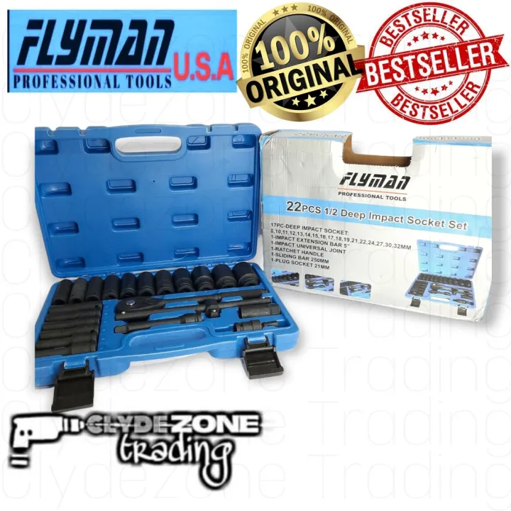 FLYMAN ORIGINAL 22 Pcs. Deep Impact Socket Wrench Set 1/2" Drive 6 ...