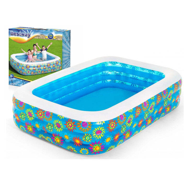 Bestway 3-Ring Rectangular Floral Design Pool for Outdoor Family ...