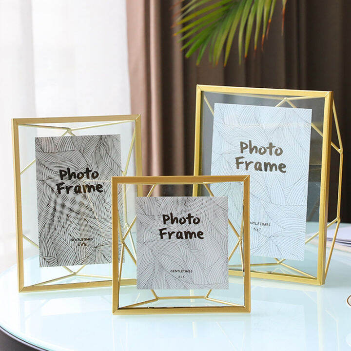 Nordic Luxury Metal Picture Frame Table Glass Wedding Memories Gold Prisma Engraved Photo Frame ...