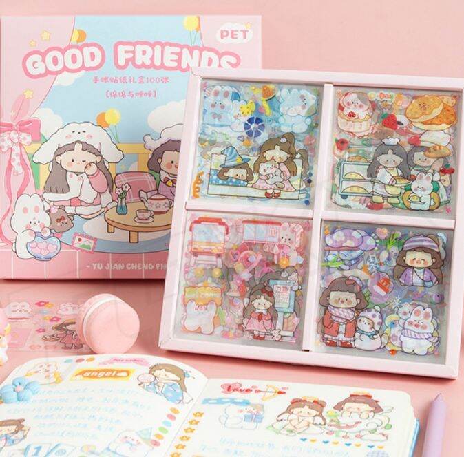 🔥พร้อมส่ง🔥 สติ๊กเกอร์ พร้อมกล่อง 100แผ่น รุ่น ST-8842 Sticker PVC ...