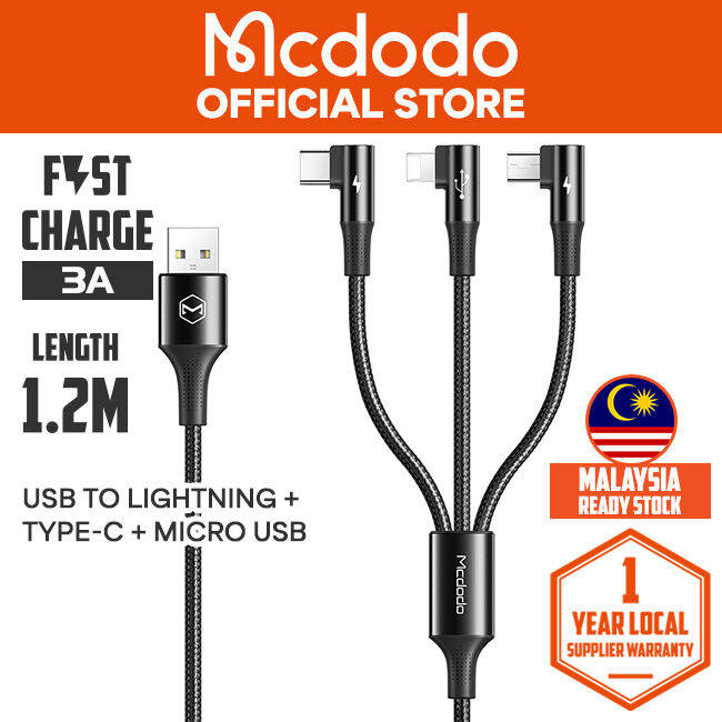 Mcdodo 90 Degree 3A Lightning + Type-C + Micro USB 3 In 1 Cable 1.2M ...