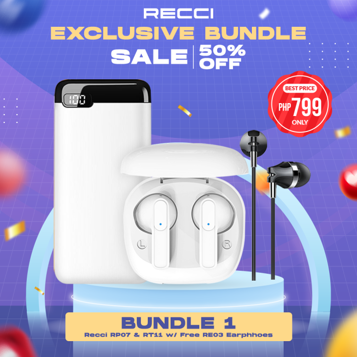 BUNDLE 1 Recci RT11 Nimbles TWS Bluetooth Headset +Recci RP07 10000 mAh Powerbank +RECCI RE03 ...