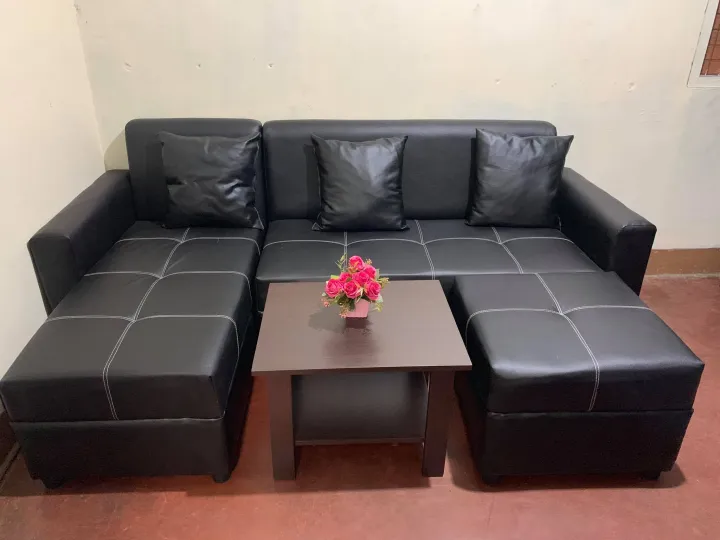 SALA SET SOFA SET LSHAPE BLACK LEATHER WITH WOOD TABLE | Lazada PH