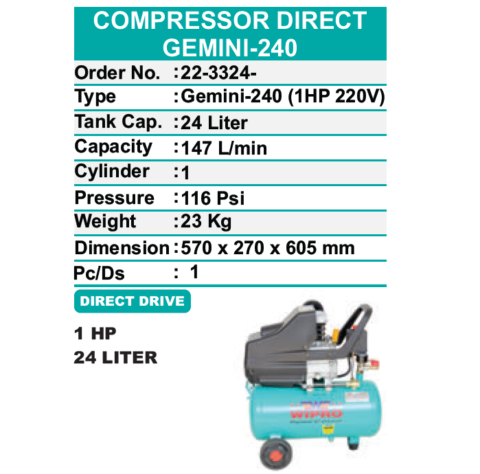 WIPRO GEMINI 240 - KOMPRESSOR 1HP 24 LITER - COMPRESSOR DIRECT OIL ...