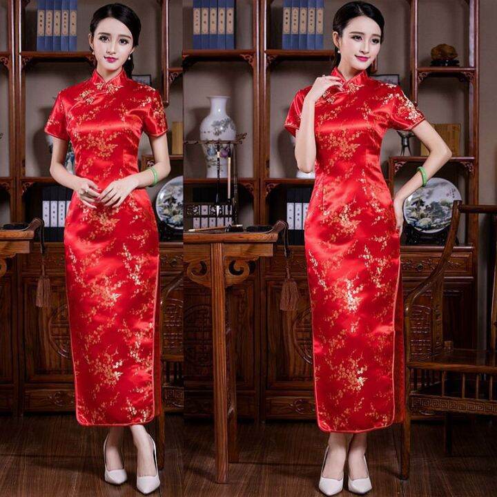 changpao-8 ชุดกี่เพ้าหญิง แขนสั้น ผ่าข้าง ลายดอก เข้ารูป สไตล์จีน ...