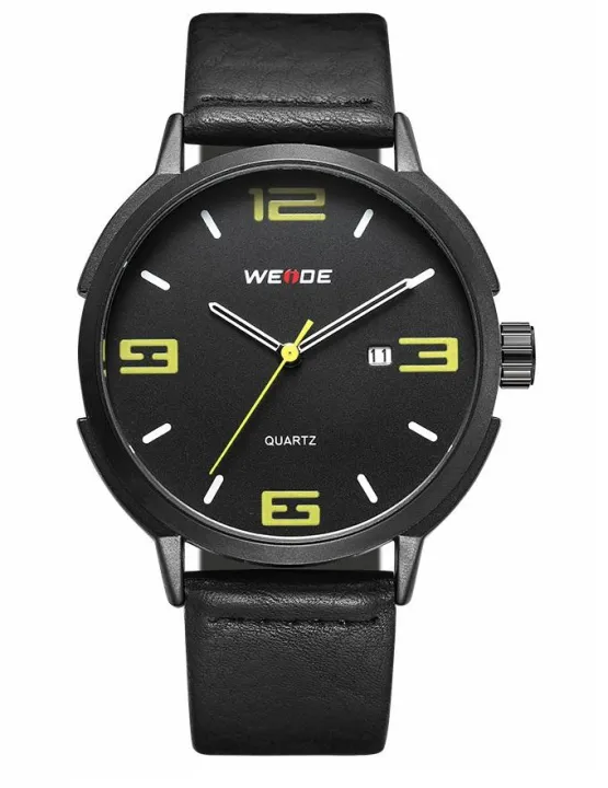 WEIDE Watch for Men's WD004B-2C-YELLOW INDEX Black Leather Strap 30m ...