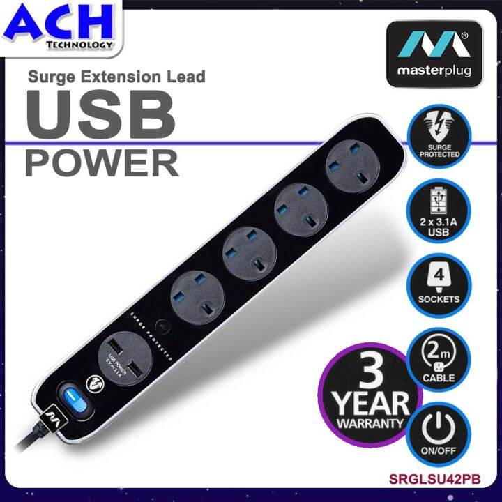 Masterplug Surge Protector 4 Gang 2 USB (3.1A) 2 Meter Extension Leads ...