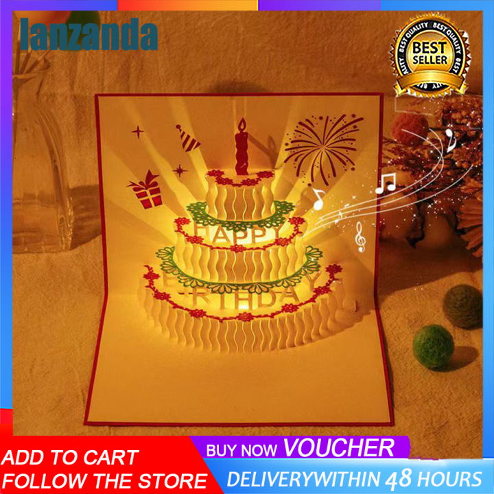 LED Light Birthday Cake Music Happy Birthday Card Postcards 3D Pop Up ...