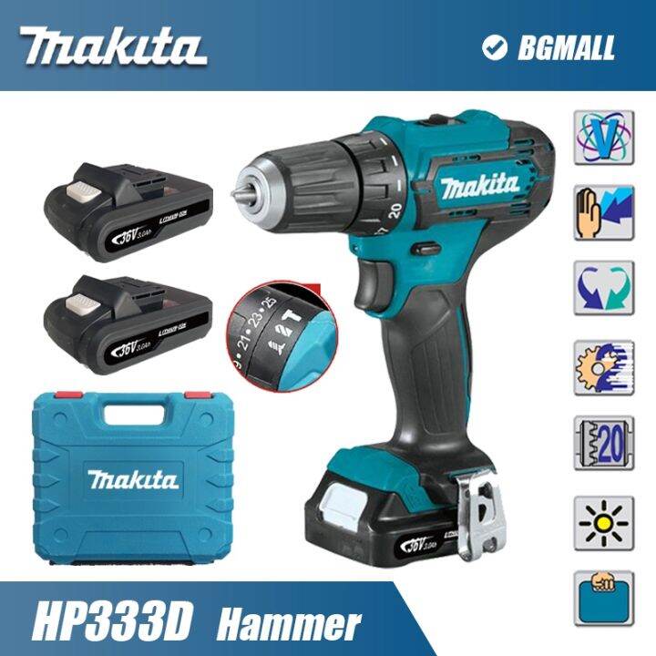 Makita HP333D Cordless Drill Electric Hammer Impact 2 Battery With Case ...