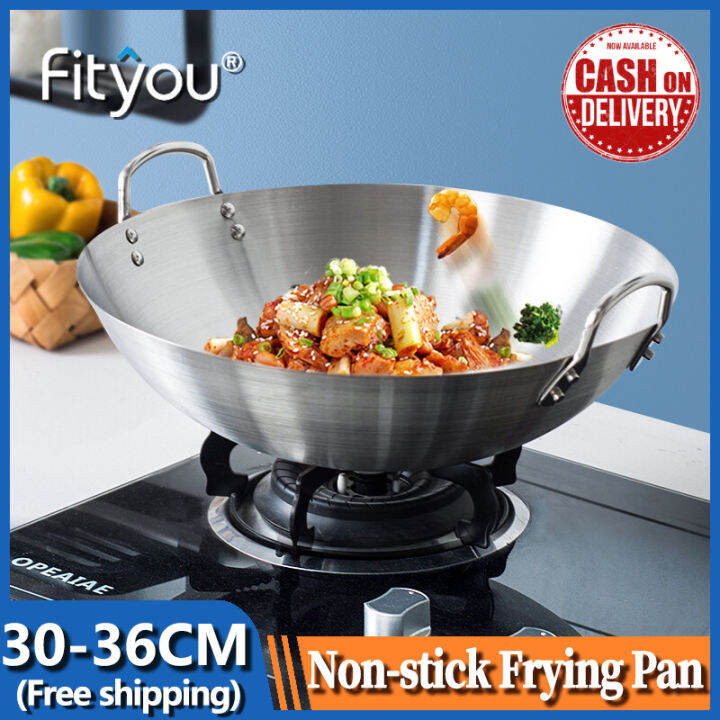 Non-stick Pan Stainless Steel Large Wok Raging Fire Stove Frying Pan Thick Wok Double Ear Iron ...