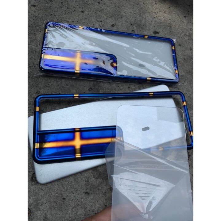 Bingkai plat nomer gold set plus mika blue + rainbow pelangi gold twone ...