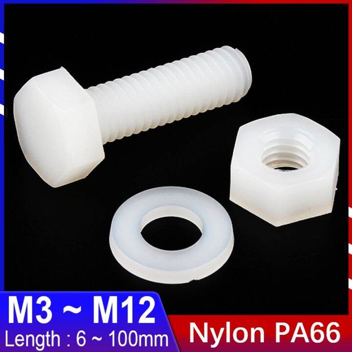 M3 M4 M5 M6 M8 M10 M12 Nylon Hexagonal Screw Nut Washer set Metric Threaded Hex Head Screw ...