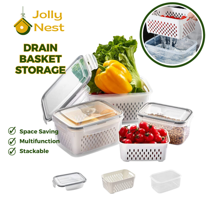 Jolly Nest - Fridge Organizer Drain Basket with Airtight Lid Fruits and ...