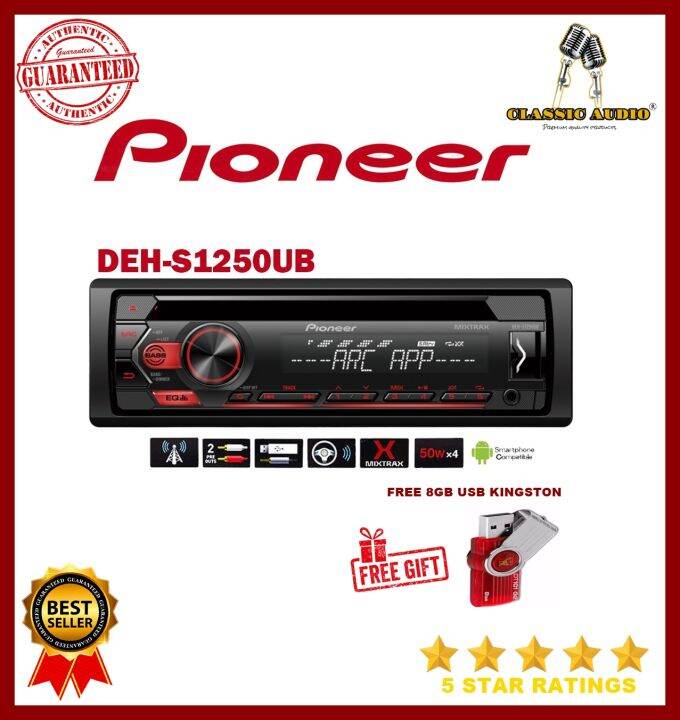 PIONEER DEH-S1250UB Car Stereo 50Wx4 Mosfet Technology w/ CD Receiver, USB, Android Smartphone ...