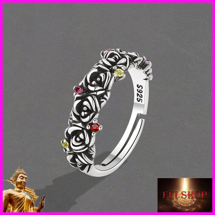 มือแกะสลักแฟชั่นสีเพทายกุหลาบแหวน S999เงินบริสุทธิ์ผู้หญิงเปิดการออกแบบไม่จางหายแหวนเพื่อดึงดูด ...