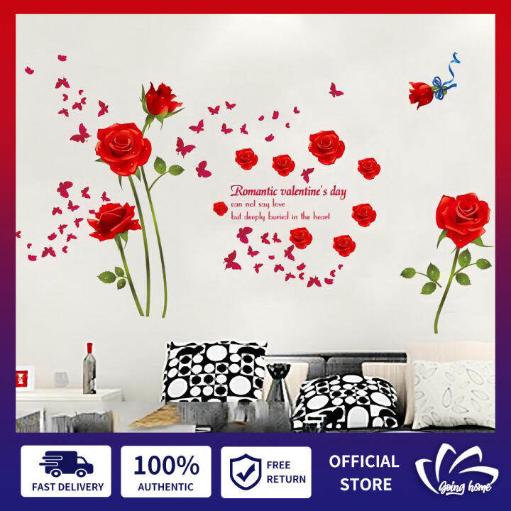 Wall Stickers Decals Red Rose Wallpaper Romantic Valentine's Day Wall ...