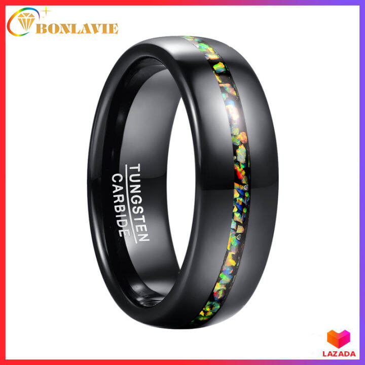BONLAVIE แหวนทังสเตนคาร์ไบด์ผู้ชายสีดำ8มม. ขัดเงาสูงพร้อมฝังโอปอลสีโดม ...