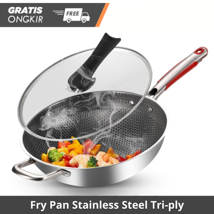 Wajan Penggorengan Stainless Steel Fry Pan Stainless Steel Tri-ply Deangan tutup Kaca DM 31.5CM ...