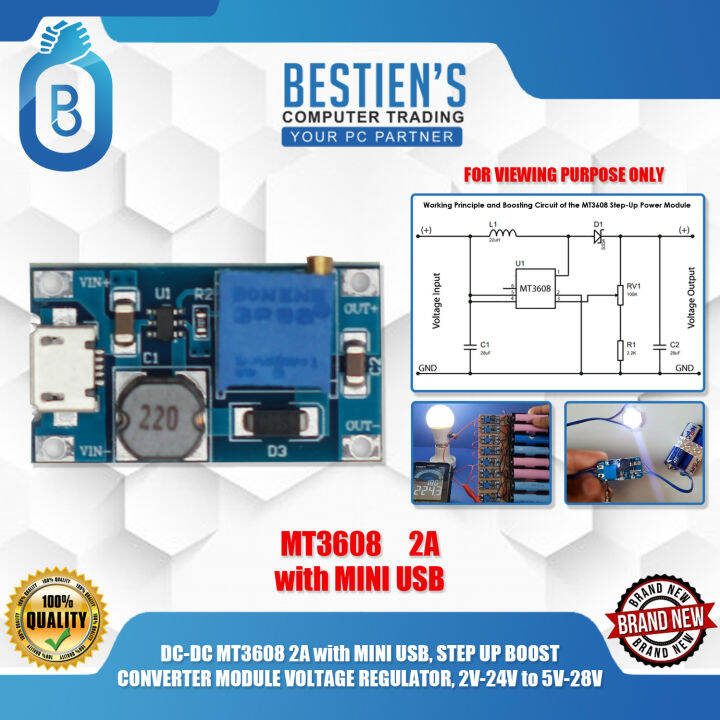 DC-DC MT3608 2A with MINI USB, STEP UP BOOST CONVERTER MODULE VOLTAGE ...
