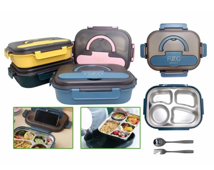 Bento stainless lunch box 4divider with handle and Celphone stand ...
