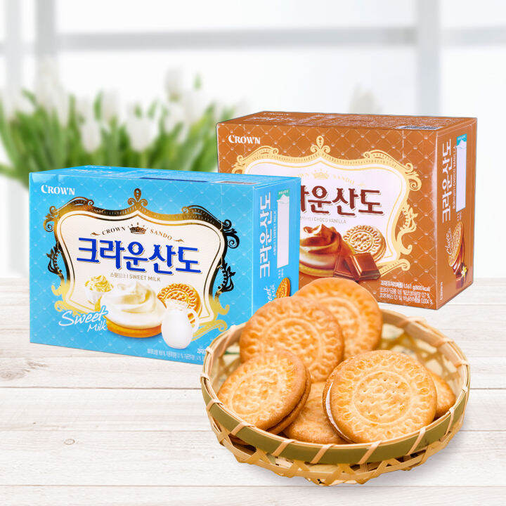 บิสกิตสอดไส้ รสนม,ช็อคโกแลต, สตอเบอรี่ครีมชีส ขนมเกาหลี crown sando ...