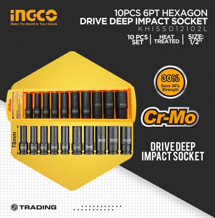 INGCO 10pcs 6pt Hexagon Drive Deep Impact Socket Set 1/2" HKISSD12102L ...