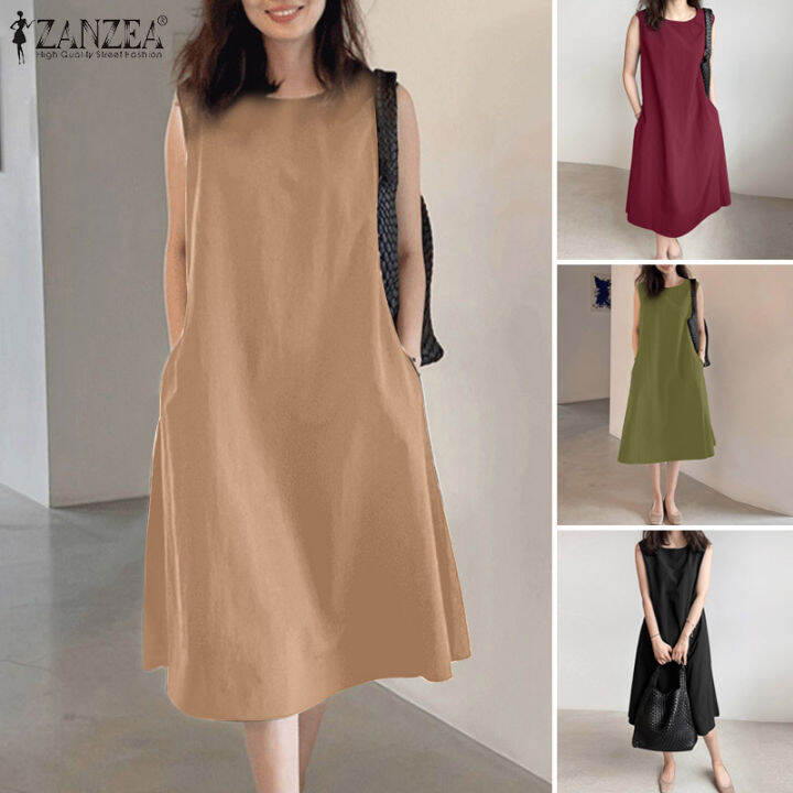 Esolo Zanzea Korean Style Summer Womens Cotton Linen Side Pockets