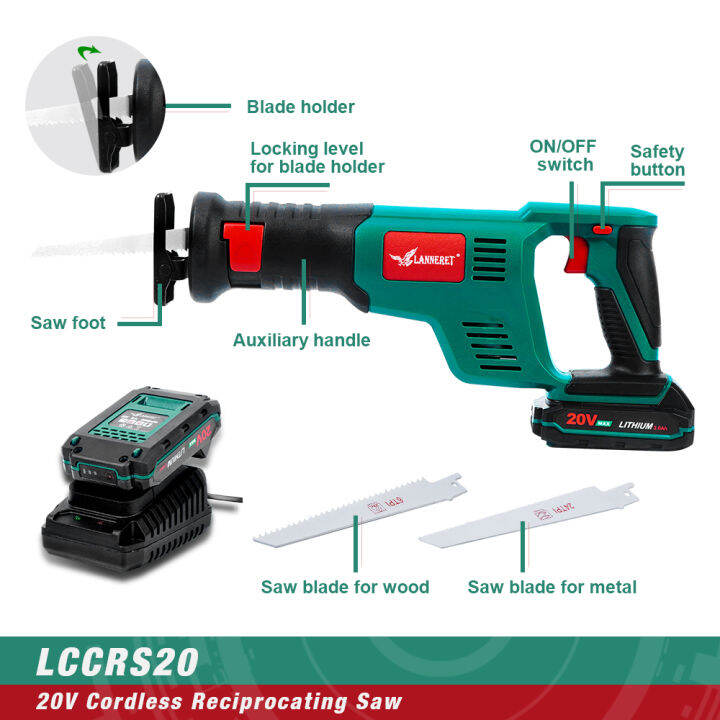 LANNERET ไร้สายลูกสูบเลื่อย20โวลต์เลื่อยไฟฟ้า2.0Ah Li-Ion แบตเตอรี่22 ...