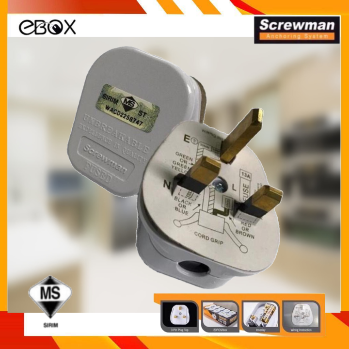 Screwman SPT-13A 3 Pin Plug Top with Sirim Approved | Lazada