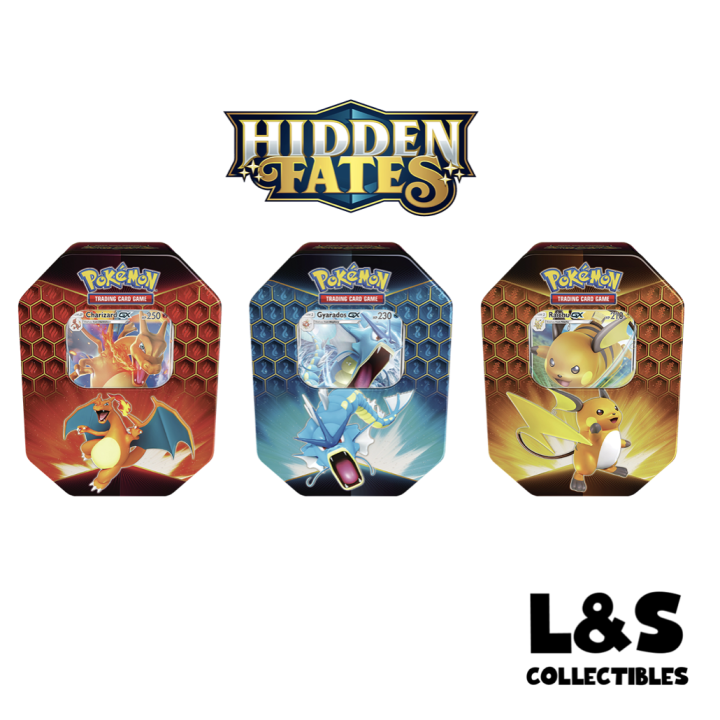 Pokémon TCG Hidden Fates Tin (Charizard GX, Gyarados GX, Raichu GX ...