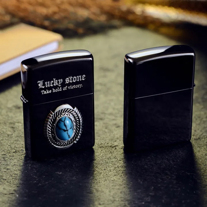Imported lighter zippo genuine black ice lucky stone God of victory inlaid with Indian turquoise ...