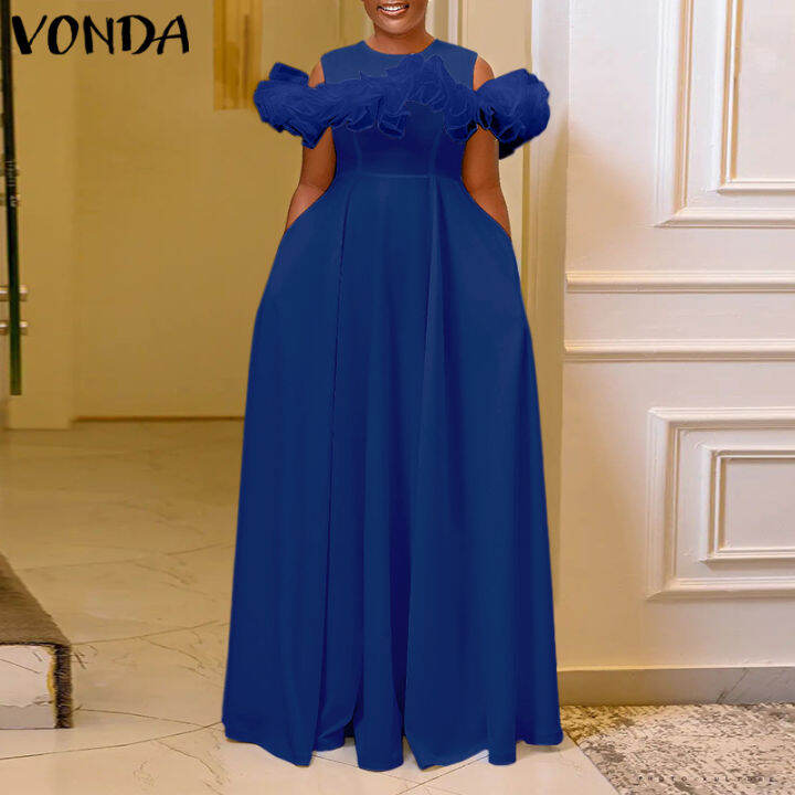VONDA Women Elegant Crew Neck Ruffle Long Dress Fashion Pocket X-Shaped ...