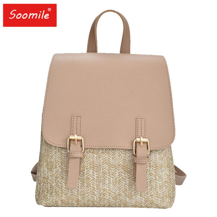 Soomile Black Pink Straw Woven Women Backpack Mini PU Leather ...