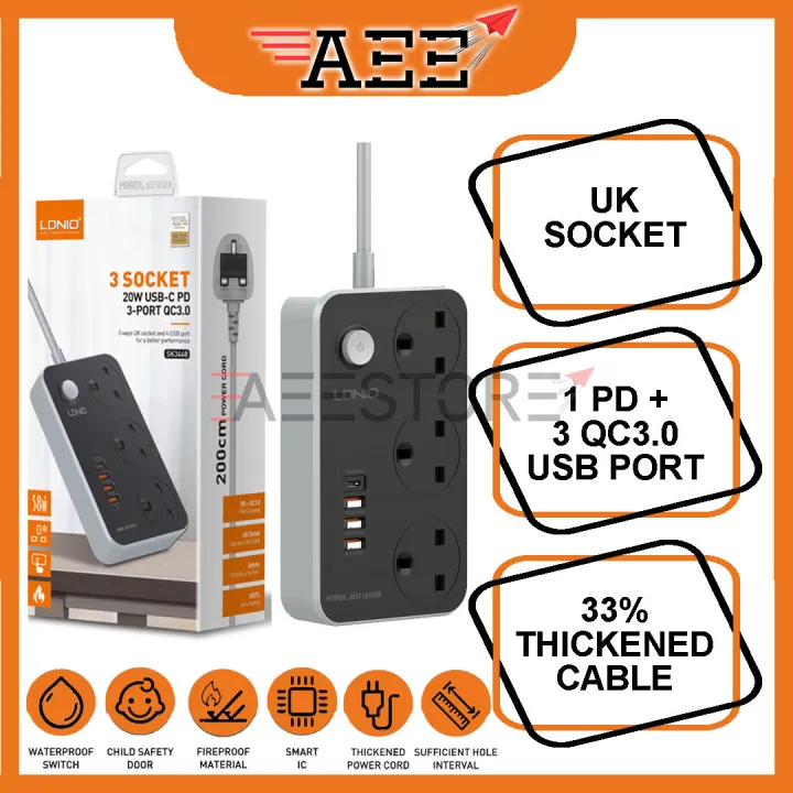 (Original) LDNIO 3 UK / Malaysia 3 Pin Socket + 3 QC3.0 USB Port + 1 ...