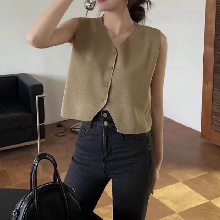 Sis Women Summer Plain Knitted Vest Vintage Style V Neck Tank Top