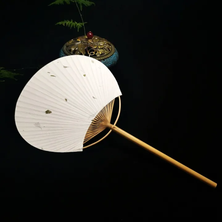 Classical rice paper round fan long handle flowers and grass blank ...