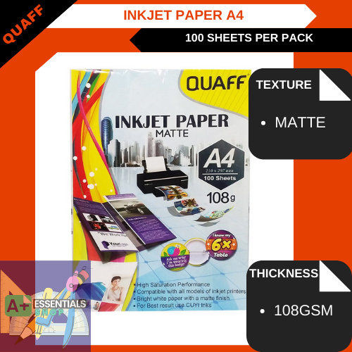 INKJET PAPER | MATTE | A4 SIZE | 108GSM THICKNESS | 100 SHEETS PER PACK | 210 X 297MM ...