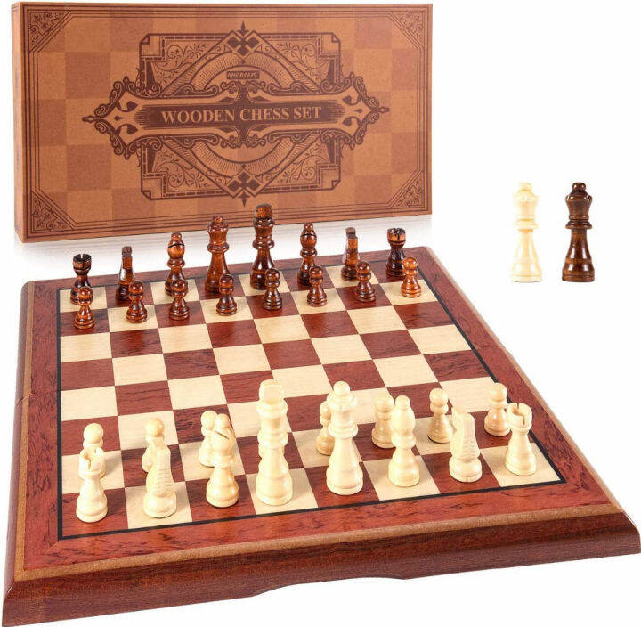 AMEROUS 15'' Magnetic Wooden Chess Set -Folding Board -2 Extra Queens ...