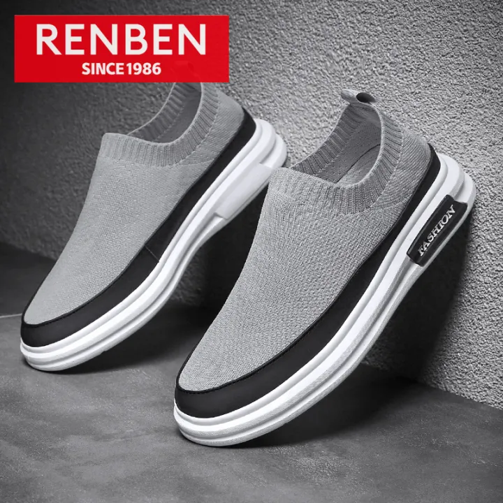 RENBEN ผู้ชายระบายอากาศถักรองเท้าตาข่ายกีฬาผู้ชายรองเท้าผ้าใบผู้ชายลื่นบนรองเท้าไม่มีส้น ...