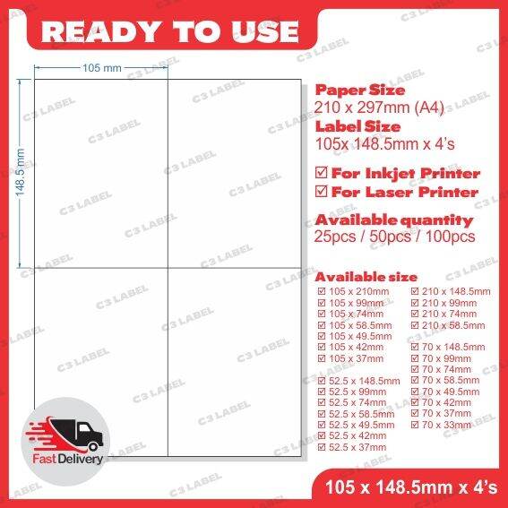 A4 Pre Cut Blank Sticker / A4 Blank Sticker 100shts (Size: 105 x 148 ...