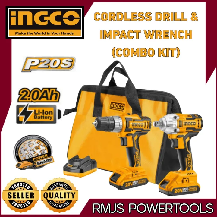 INGCO Lithium-Ion Cordless Combo Kit Drill & Impact Wrench P20S ...