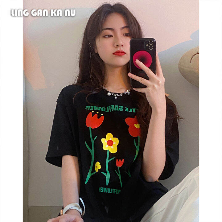 LING GAN KA NU ผู้หญิงแขนสั้นด้านบน ฤดูร้อนใหม่เกาหลีรุ่น 4XL ผู้หญิง ...