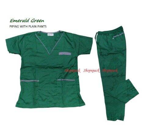 (SNP) EMERALD GREEN COLOR SCRUB SUIT SET WITH PIPING PLAIN PANTS ...