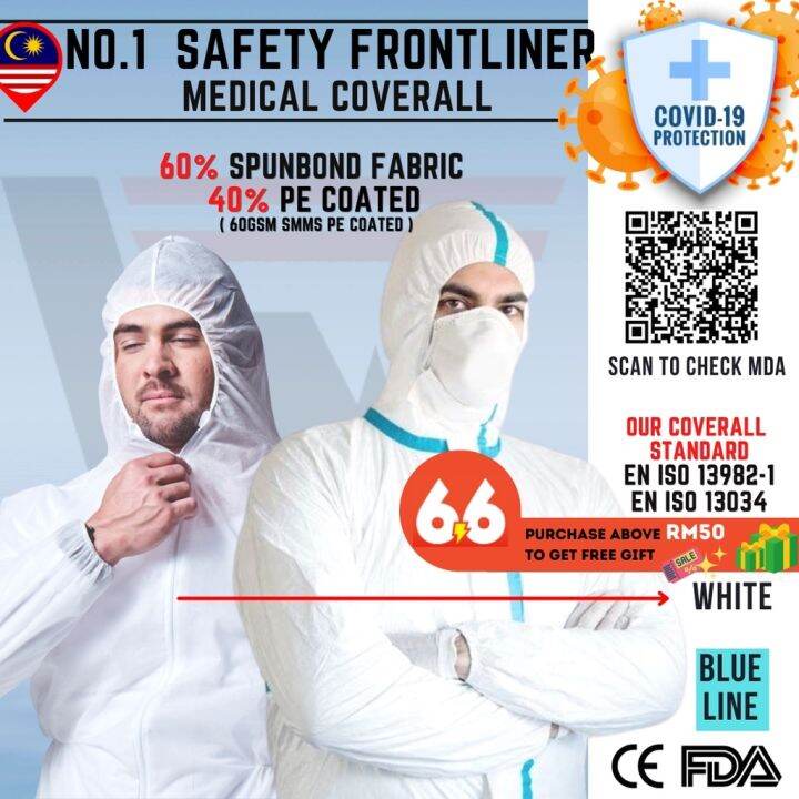 Frontliner Ppe White Blue Line Medical Coverall Isolation Suit