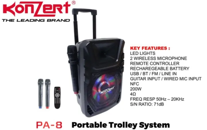 KONZERT PA-8 8" PORTABLE TROLLEY SPEAKER SYSTEM WITH BLUETOOTH / USB ...