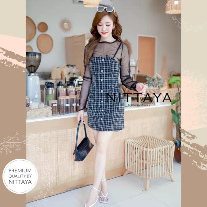 งานป้าย NITTAYA การันตีเสื้อผ้าคุณภาพ set เสื้อเเขนยาวซีทรู +มินิเดรสสายเดี่ยวผ้าทวิสประดับ ...
