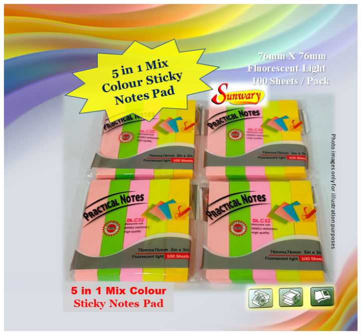 Sticky Notes Pad - 5 Color in 1 Pack, 76mm X 76mm (3" X 3"), Sticky ...