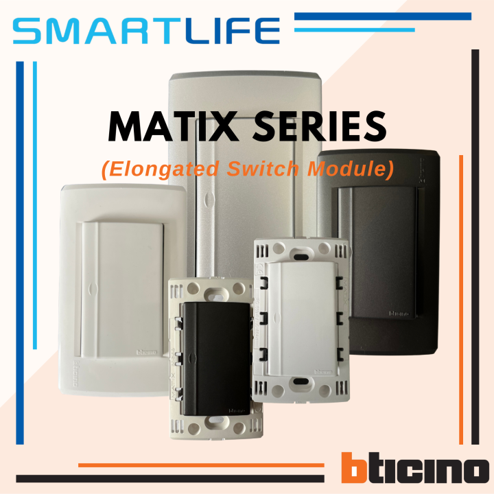 Bticino Matix 16A 1 Gang Elongated 1 or 2 Way Switch with Cover Plate (Black [Matt Grey] /Silver ...
