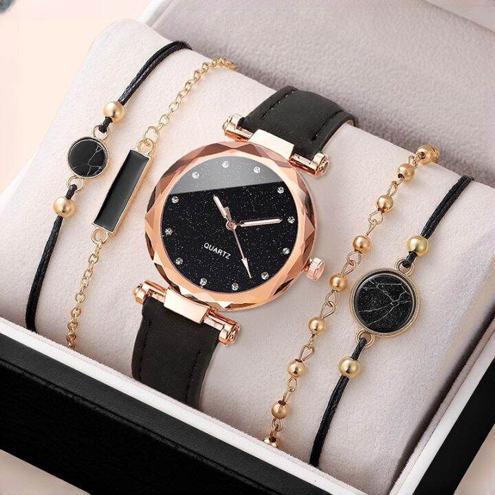 Women Fashion Watch Bracelet Set Starry Sky Dial Leather Band Quartz ...